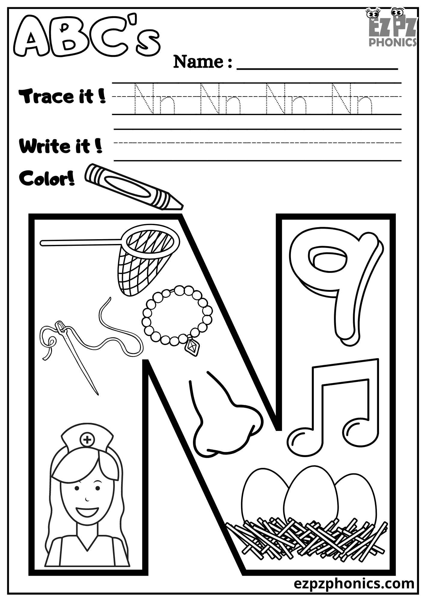 Letter N Trace, Write, and Color - ezpzphonics.com Letter N Trace, Write, and Color - ezpzphonics.com